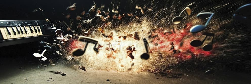 Keyboard Chaos with Exploding Music Notes and Leaves Stock Illustration ...