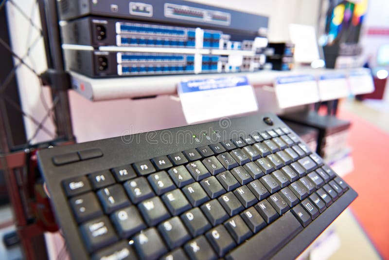 Keyboard in computer store stock photo. Image of appliances - 131723574