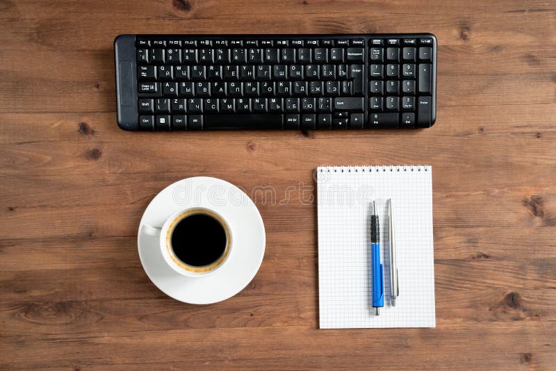 Keyboard, Cup of Coffee and Office Supplies Stock Photo - Image of ...