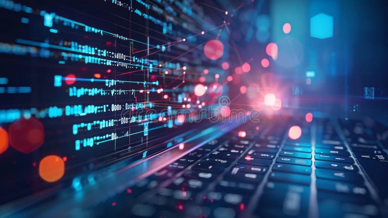 Keyboard with Digital Code and Glowing Graphics Stock Image - Image of ...