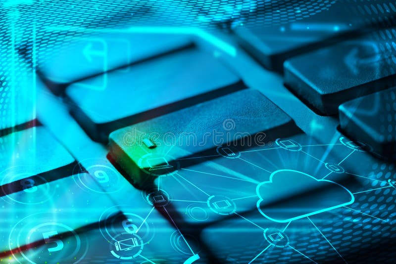 Keyboard with Glowing Cloud Technology Icons Stock Image - Image of ...