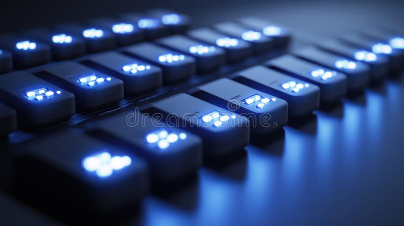 A Keyboard Illuminated with Numerous Blue Lights on Its Keys. Stock ...