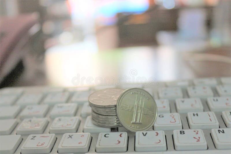 White Keyboard Image with Coins for Background Stock Image - Image of ...