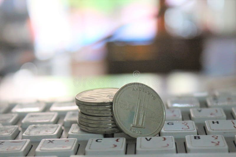 White Keyboard Image with Coins for Background Stock Image - Image of ...