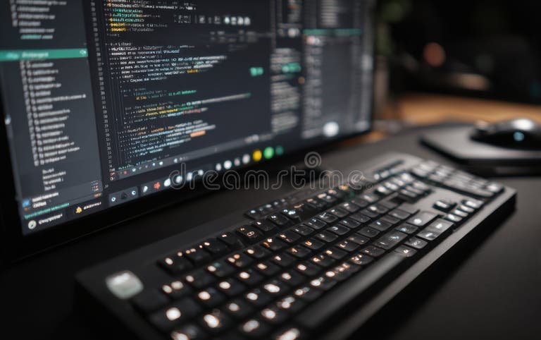 Keyboard and Monitor Setup Showing Code on Screen during Late-night Programming Session at Home ...