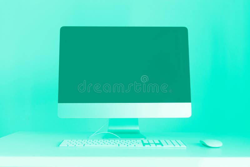 Keyboard, Mouse, Computer Display with Black Blank Screen. Trendy Green ...