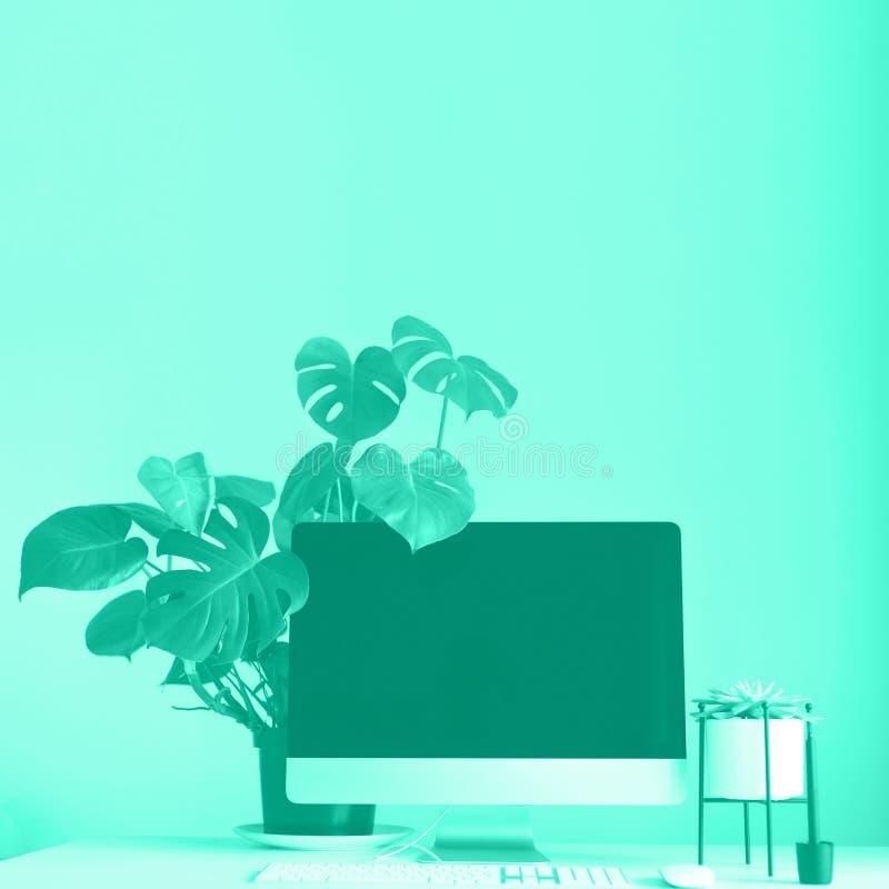 Keyboard, Mouse, Computer Display with Black Blank Screen. Trendy Green ...