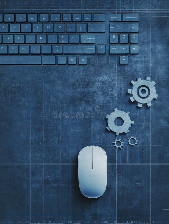 A Keyboard Overlays a Computer Mouse and Gears, Symbolizing Technology ...