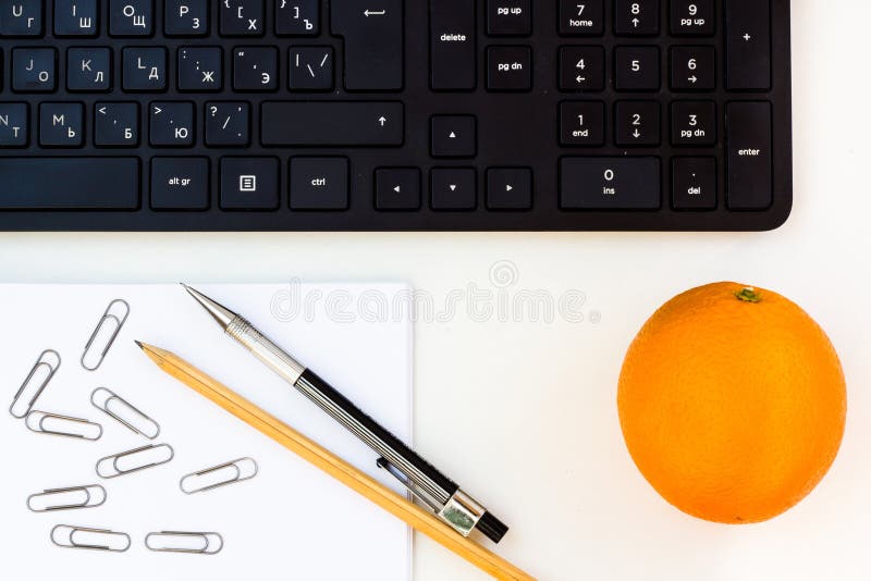 Keyboard, Pencil, Notebook, Paper Clips, Orange Stock Image - Image of ...