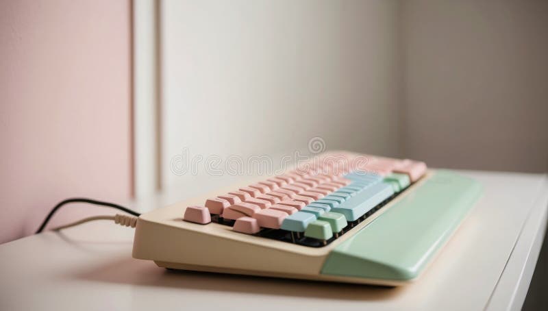 Keyboard with Pink, Blue, and Green Keys Sits on a White Desk ...
