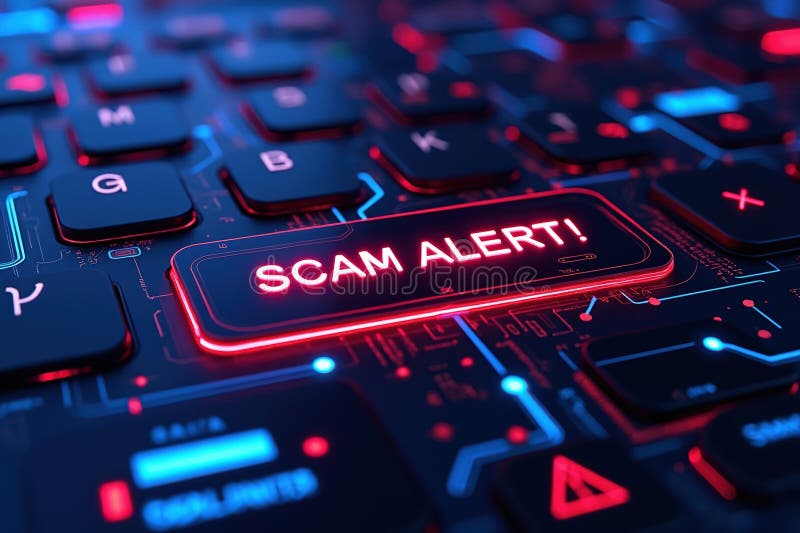 A Keyboard with a Red Scam Alert Button and Blue Circuitry Against a ...