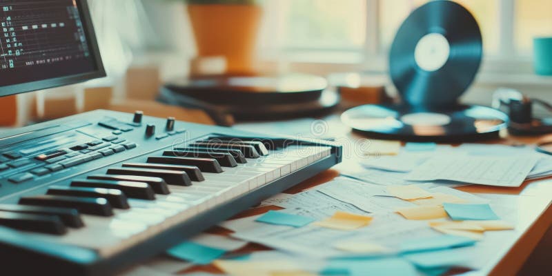 Keyboard and Scattered Sheet Music Create an Inspired Atmosphere in a ...