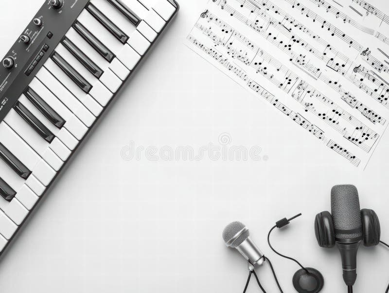 Keyboard, Sheet Music, and Microphones, Music Composition and Recording ...