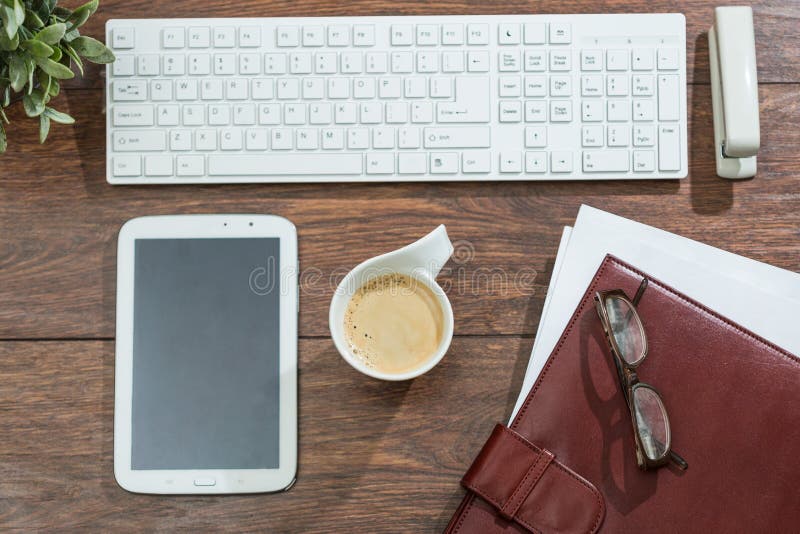 Cup of Coffee, Keyboard and Desktop Computer on Desk in White Home ...