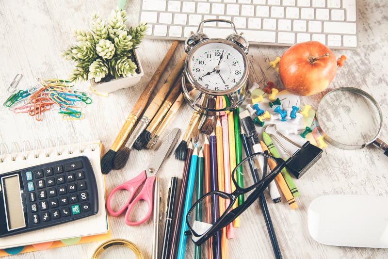 Keyboard with Stationary and Clock on Desk Stock Image - Image of ...