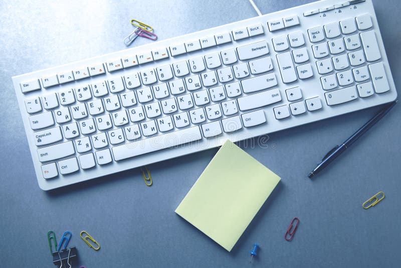 Keyboard with Stationary on Table Stock Photo - Image of table, desk ...