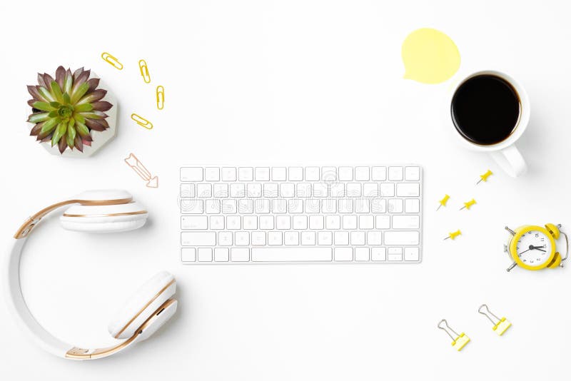 Keyboard and Stationary on White Workspace Mockup Stock Photo - Image ...