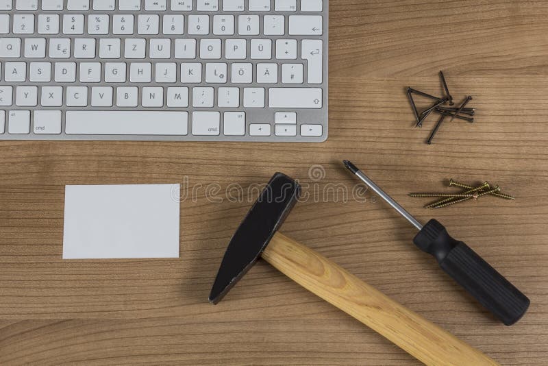 Keyboard and Tools on Desktop Stock Photo - Image of computer ...