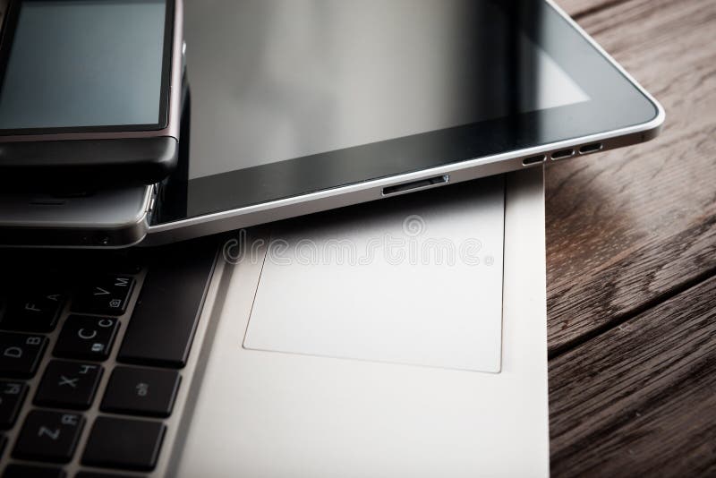 Keyboard with Two Phones and Tablet Pc Stock Image - Image of ...
