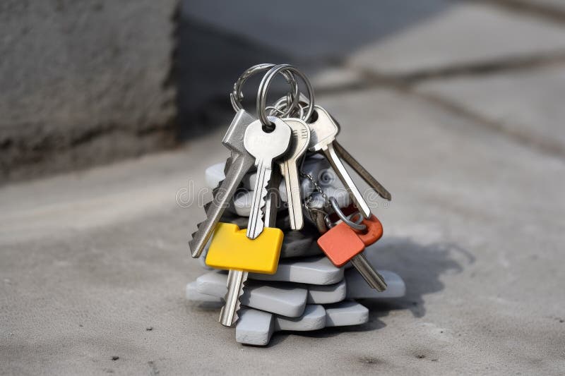 A Keychain with Several Keys Resting on a Stack of Grey Concrete Bricks ...