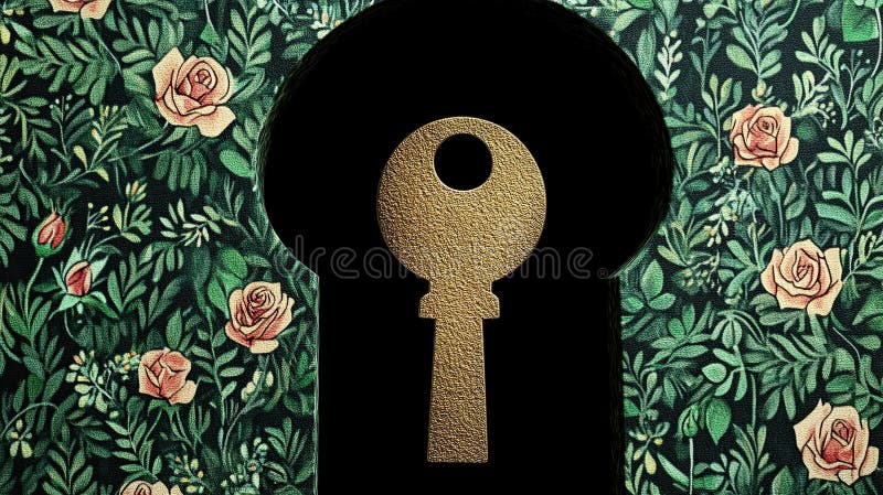 A Keyhole Reveals a Golden Key Behind a Floral Backdrop Stock ...
