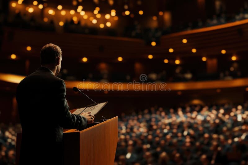 Keynote Speaker Addressing a Large Audience in a Grand Auditorium Stock ...