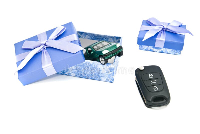 Keys, Green Car and Blue Gift Boxes Stock Image - Image of engine ...