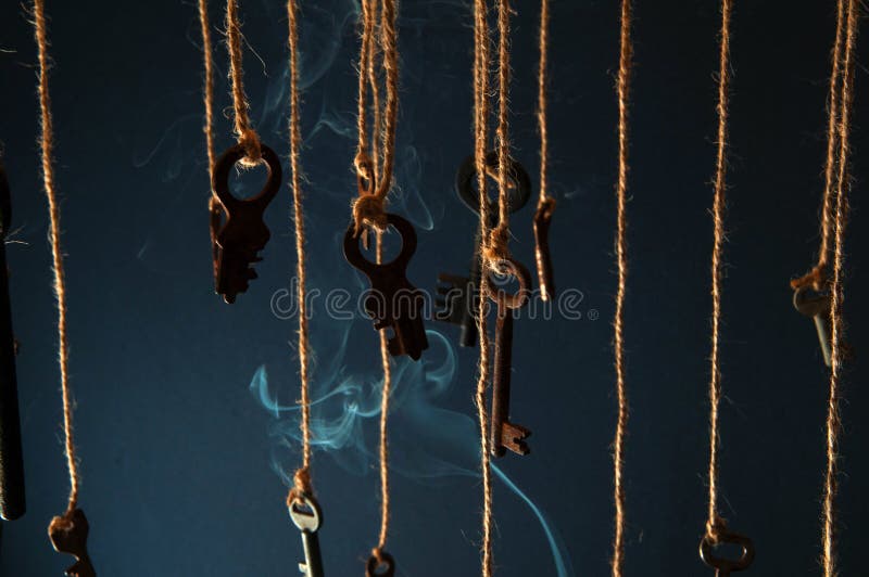 Keys Hanging on a String. Smoke Background Stock Photo - Image of dirty ...