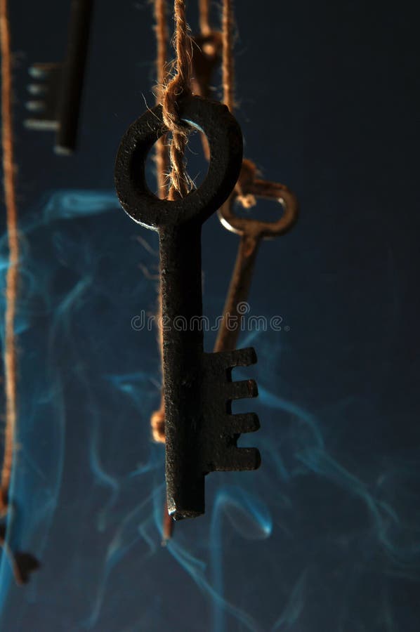 Keys Hanging on a String. Smoke Background Stock Photo - Image of rope ...