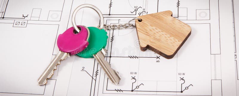 Keys with Home Shape on Construction Diagrams of House. Building or ...
