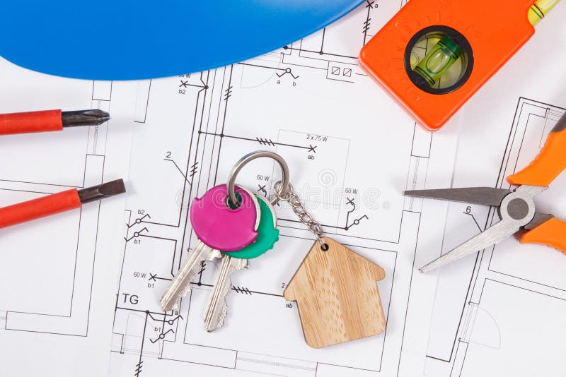 Keys with House Shape and Electrical Construction Drawings with Work ...