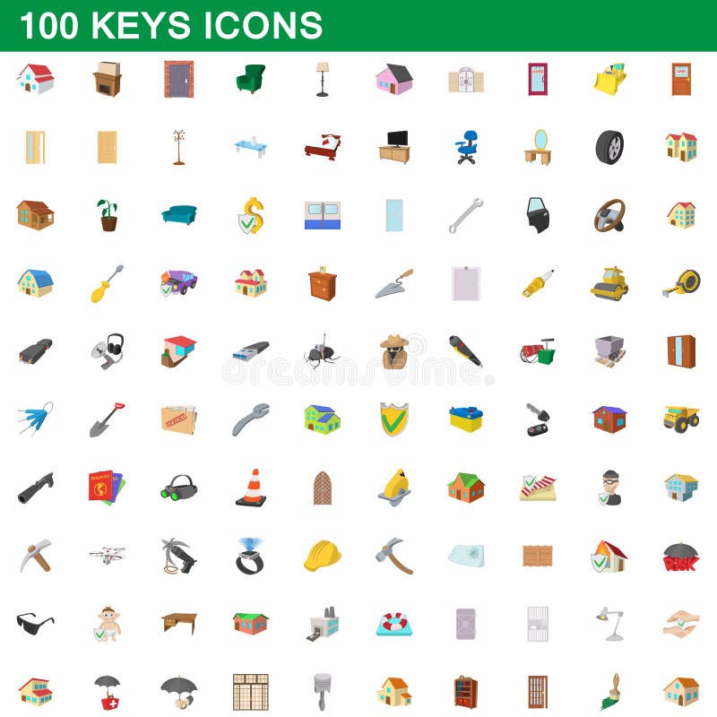 100 Keys Icons Set, Cartoon Style Stock Vector - Illustration of door ...