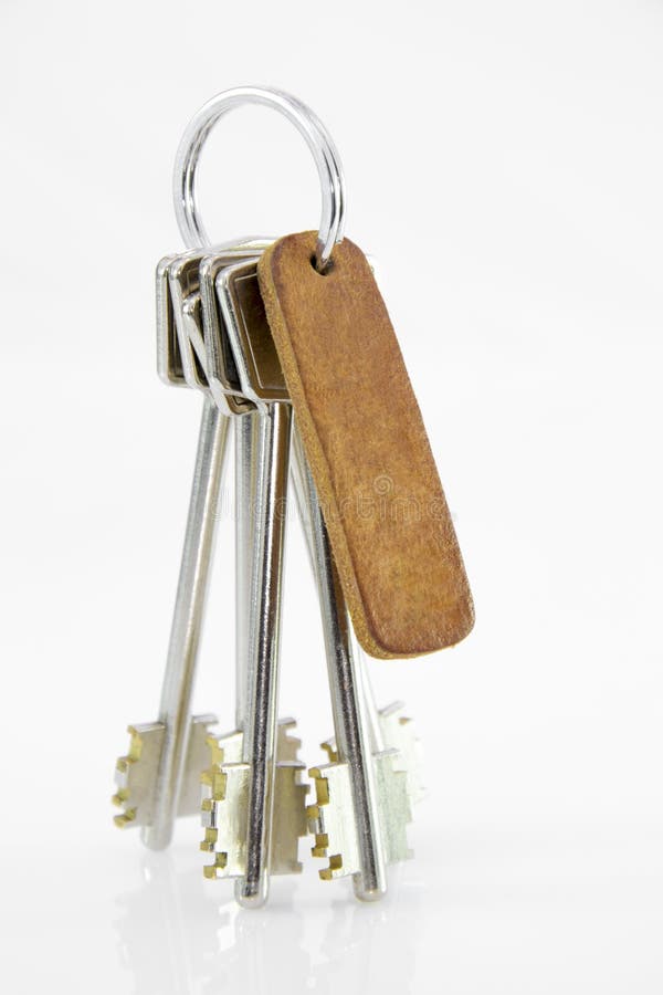 Keys with Leather Tag Isolated on White Stock Photo - Image of lock ...