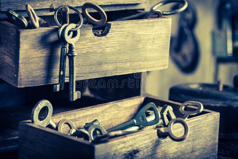 Keys and Locks in Old Locksmiths Workshop Stock Image - Image of iron ...