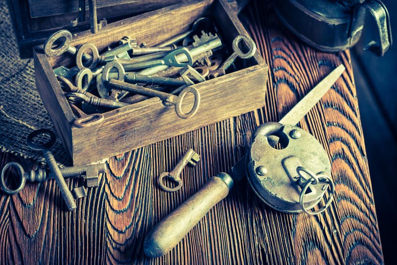 Vintage Keys and Locks on Old Wooden Table Stock Photo - Image of safe ...