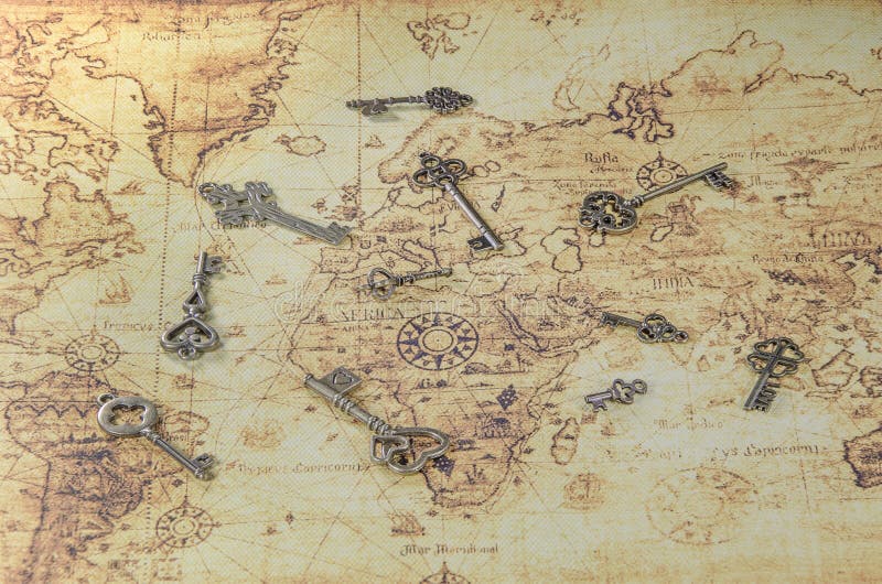 Keys on a old world map stock photo. Image of color, blue - 62618464