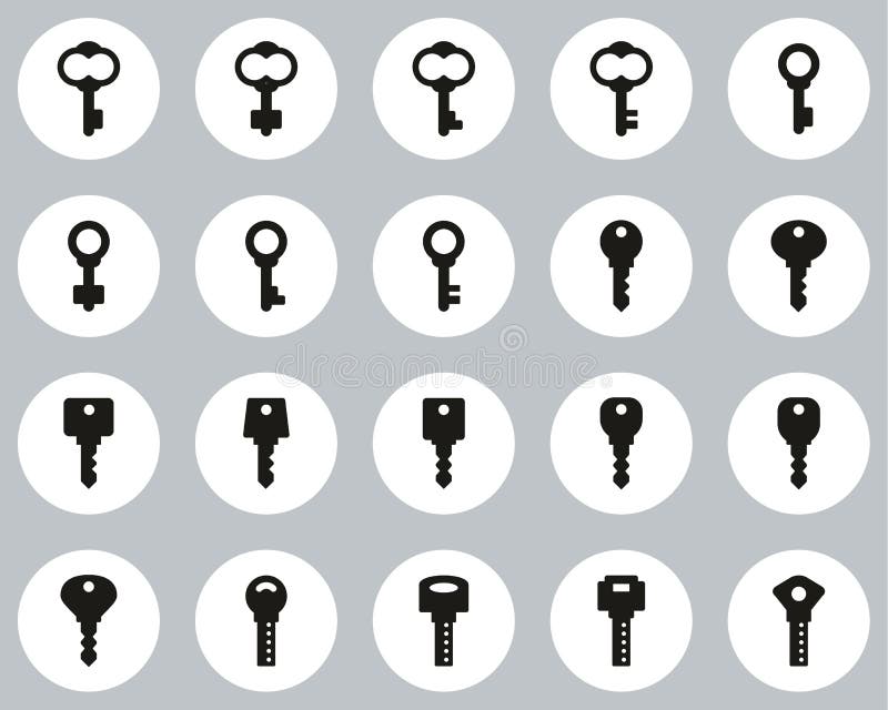 Keys or Various Shapes of Keys Icons Black & White Flat Design Circle ...