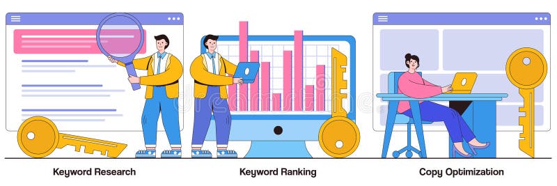 Keyword Research, Keyword Ranking, Copy Optimization Concept with Tiny People. Search Engine ...