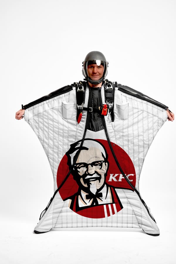 KFC. Men in Wing Suit Equipment.Demonstration of Popular Brands ...