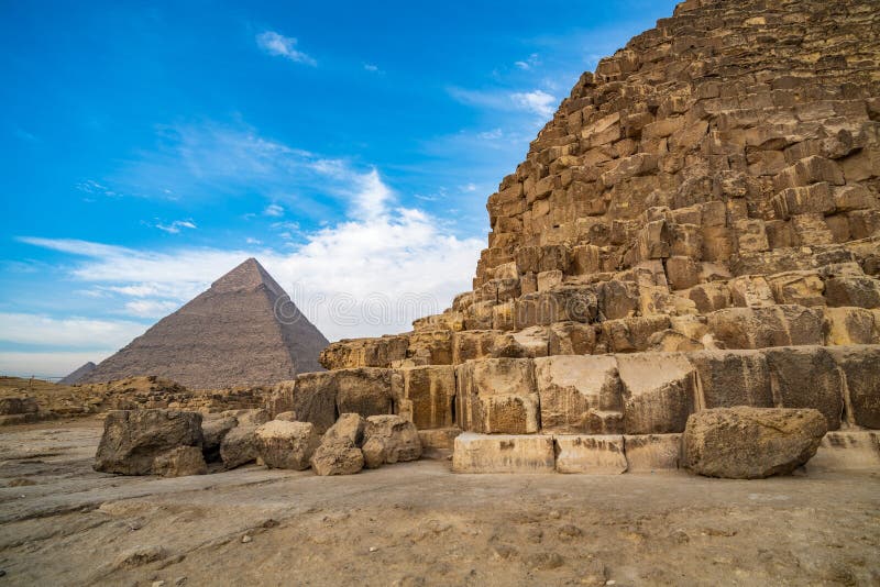 Khafre and Khufu Pyramids of in Giza Pyramid Complex, Cairo, Egypt ...
