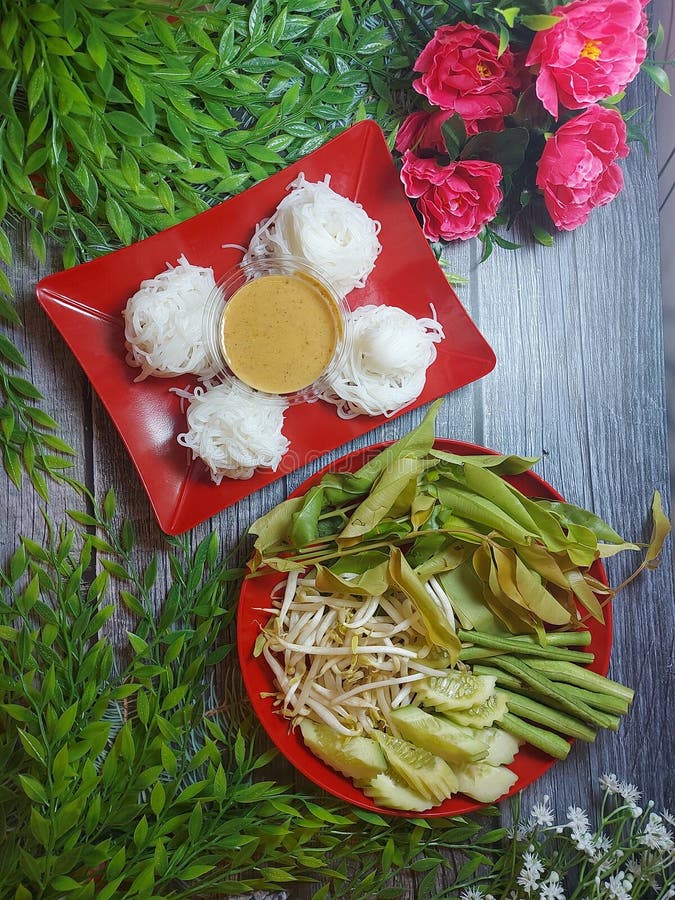The Khanom Jeen on the Background. Stock Photo - Image of food ...