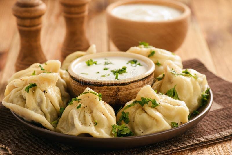 Georgian Traditional Dumplings Khinkali With Meat On The Table Stock ...
