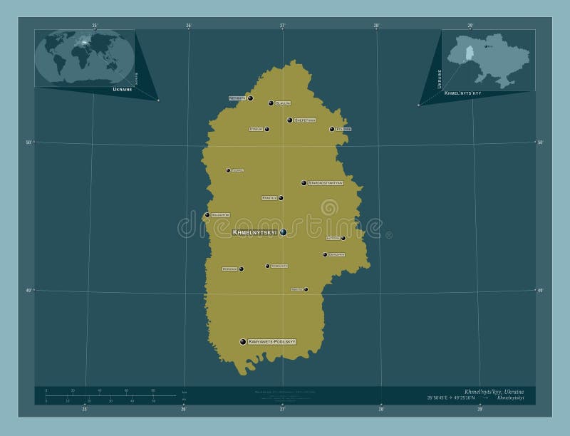 Khmel Nyts Kyy, Ukraine. Solid. Labelled Points of Cities Stock ...