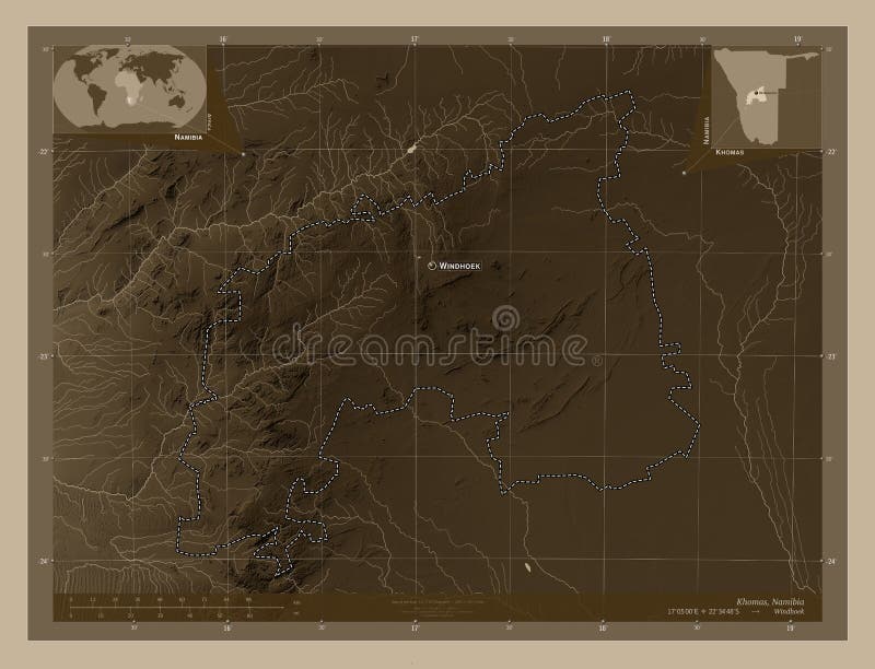 Khomas, Namibia. Sepia. Labelled Points of Cities Stock Illustration ...