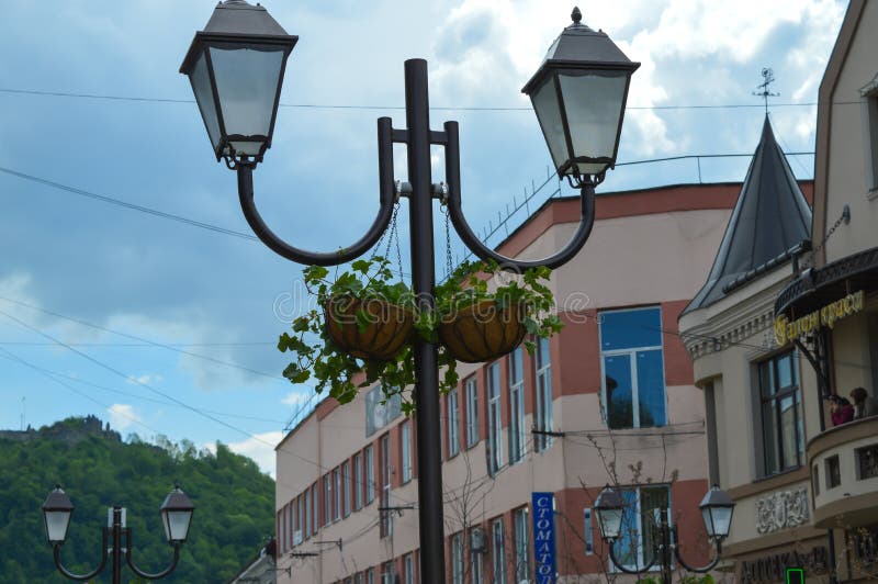 Streetlights on a Main Square in Khust, Ukraine on May 3, 2016 ...