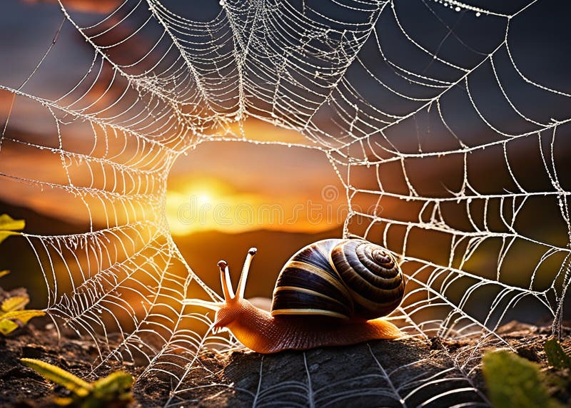 Ki Generated Snail in Sunlight with Spider Web Stock Illustration ...