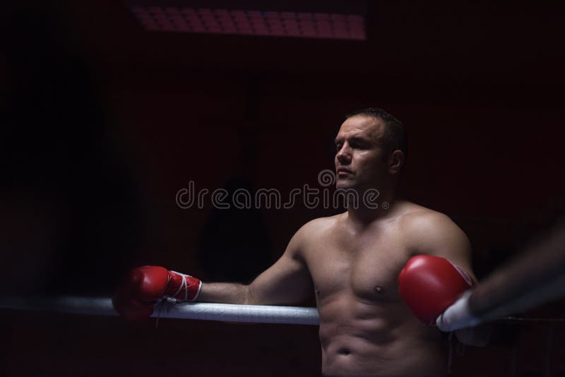 Kick Boxer Resting on the Ropes in the Corner Stock Photo - Image of ...