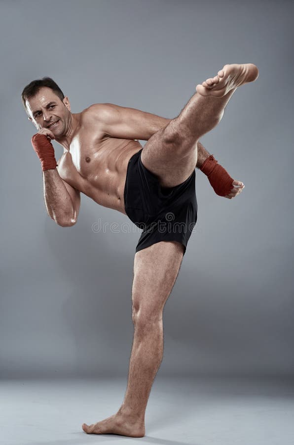 Kickbox Fighter on Gray Background Stock Image - Image of kick ...