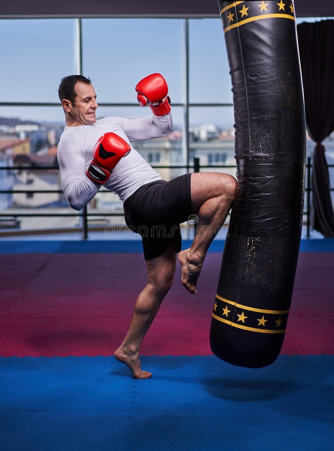 Kickboxer Hitting the Heavy Bag in the Gym Stock Photo - Image of ...