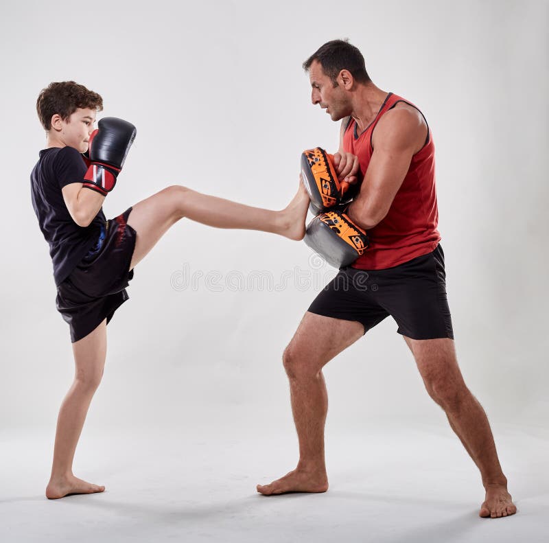 Kickboxer Kid and His Coach Stock Image - Image of fighter, pads: 133156375